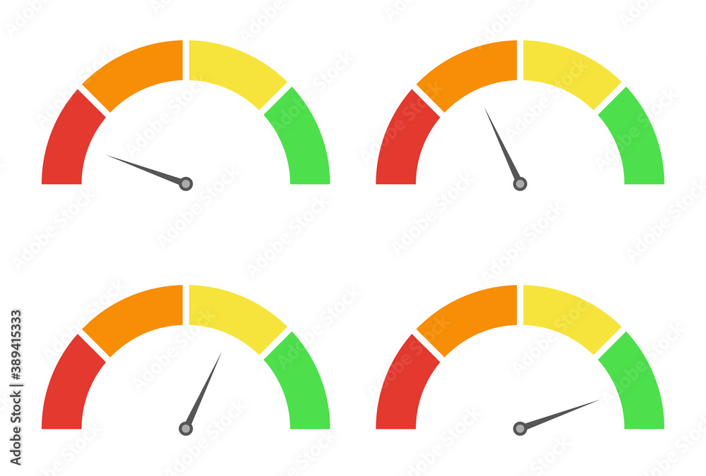Speedometer icons with arrows. Dashboard with green, yellow, red ...