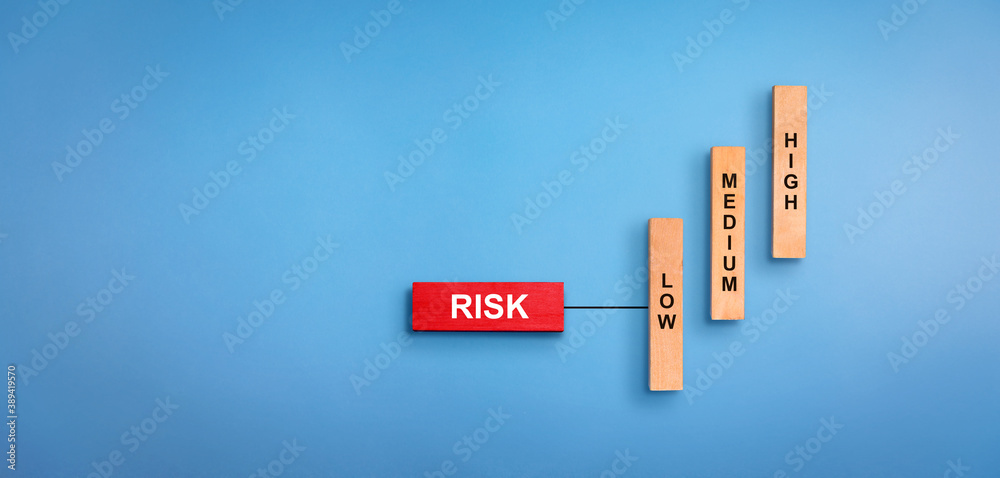 Wooden block with text Risk. Risk concept with text high, medium and ...
