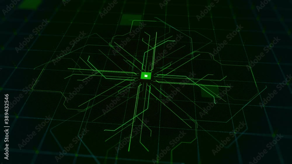 Neon diagram of computer matrix. Animation. Moving lines of neural networks in computer circuit ...
