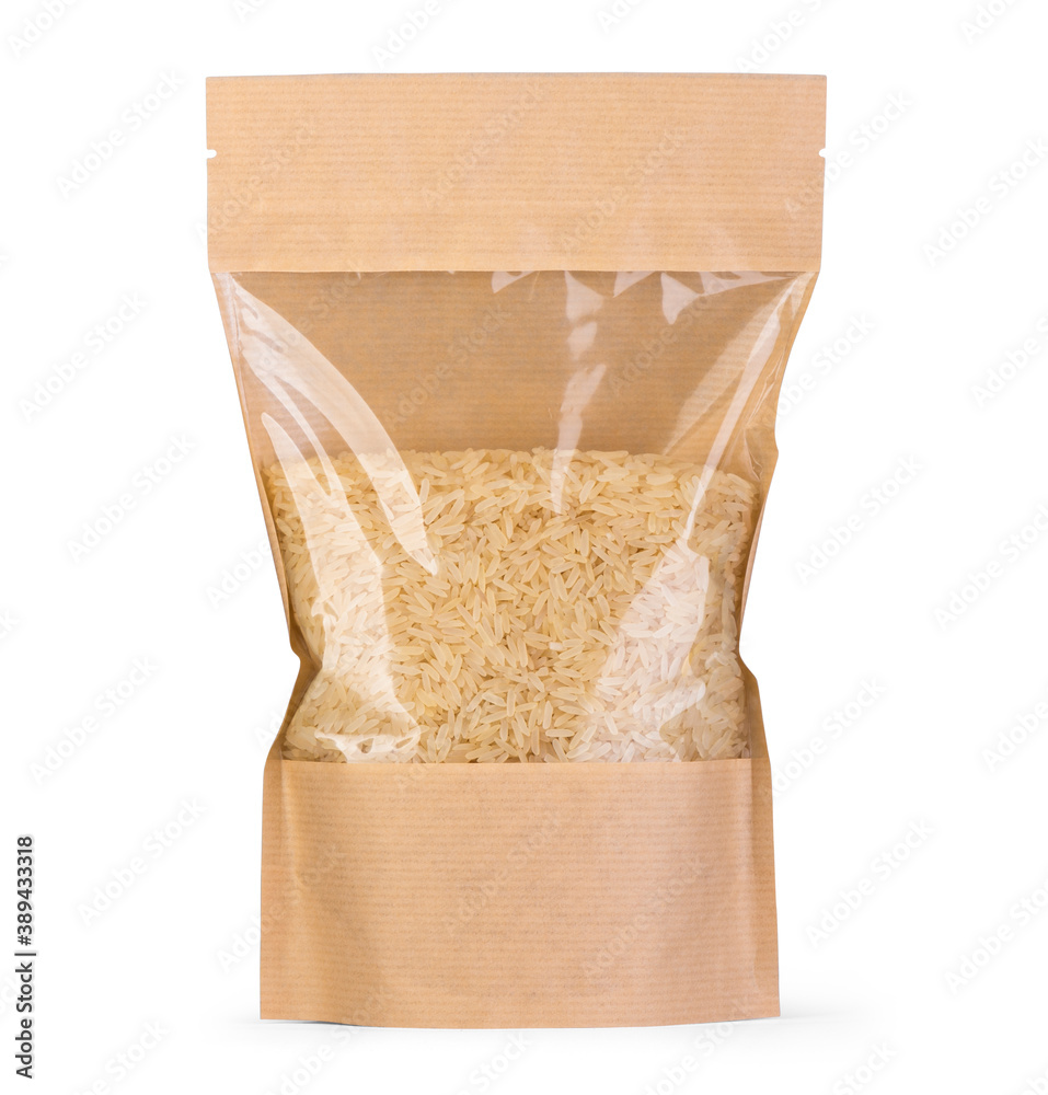 Craft paper pouch bag of golden rice with transparent window and zip ...