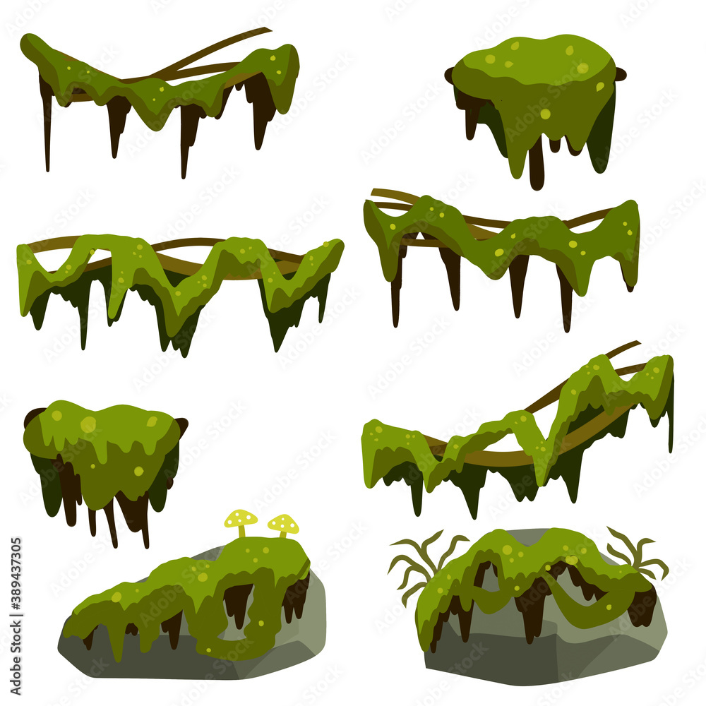 Set of branches with moss and green grass. Marsh plant. Part of the ...