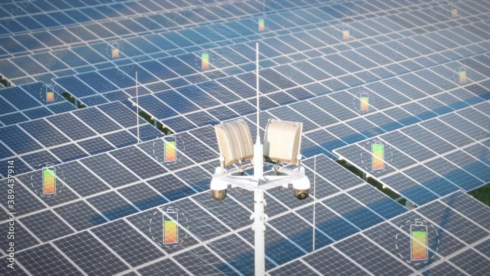 Aerial view of solar panel field with motion graphics of battery logo ...