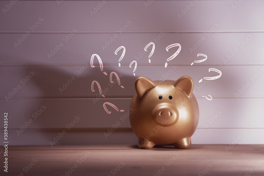 piggy bank with lots of question mark symbol . Concept How to save ...