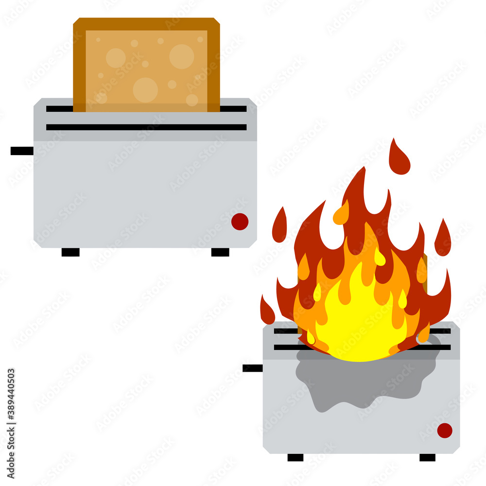 Broken toaster with bread. Problems with cooking. Damaged home ...