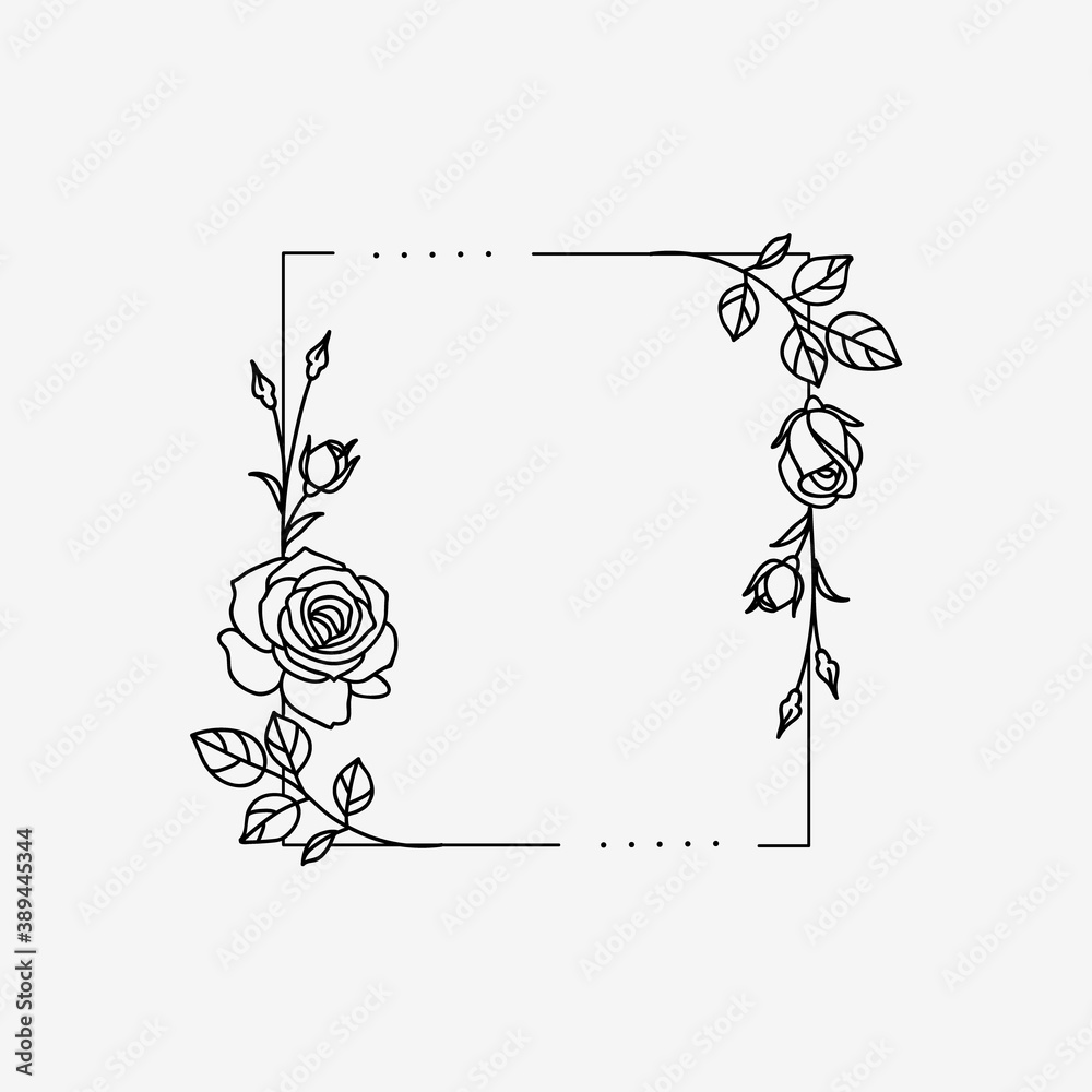 One line drawing. Frame of garden rose with stem and leaves. Hand drawn ...