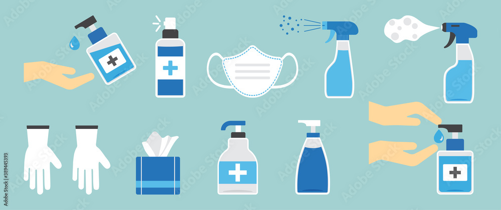 Hygiene hand spray, PPE icons, disinfect, mask, corona virus protection ...