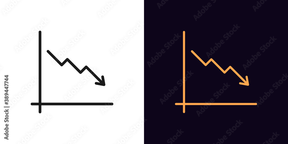 Outline downfall chart icon. Linear drop chart sign, down arrow with ...