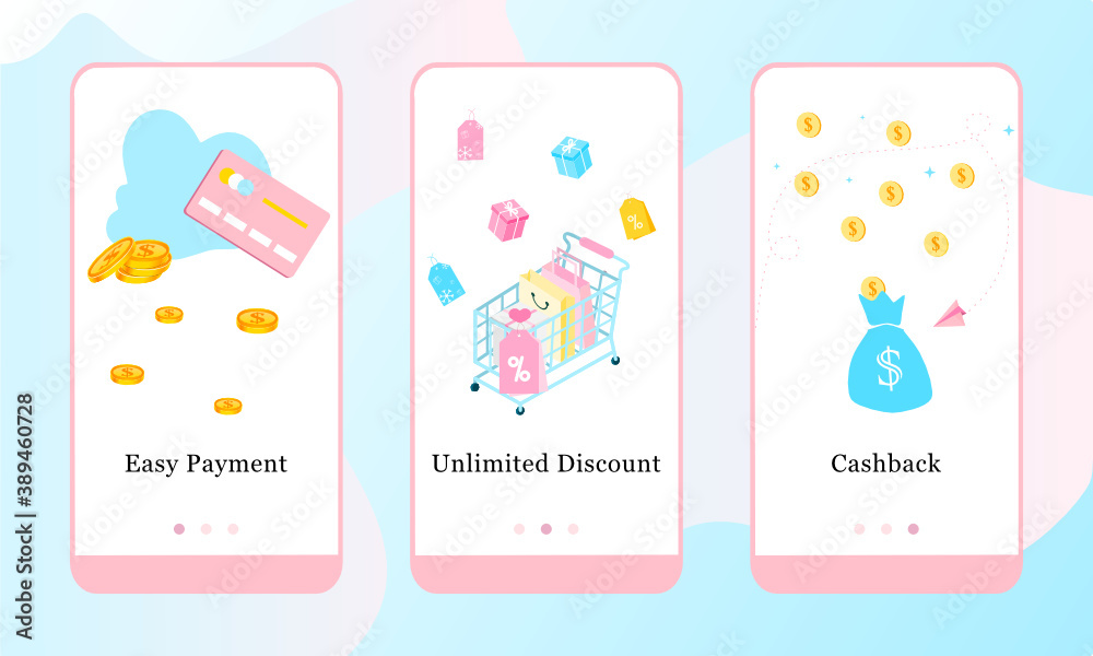 Shopping sale store mobile app page onboard screen set. Application ...