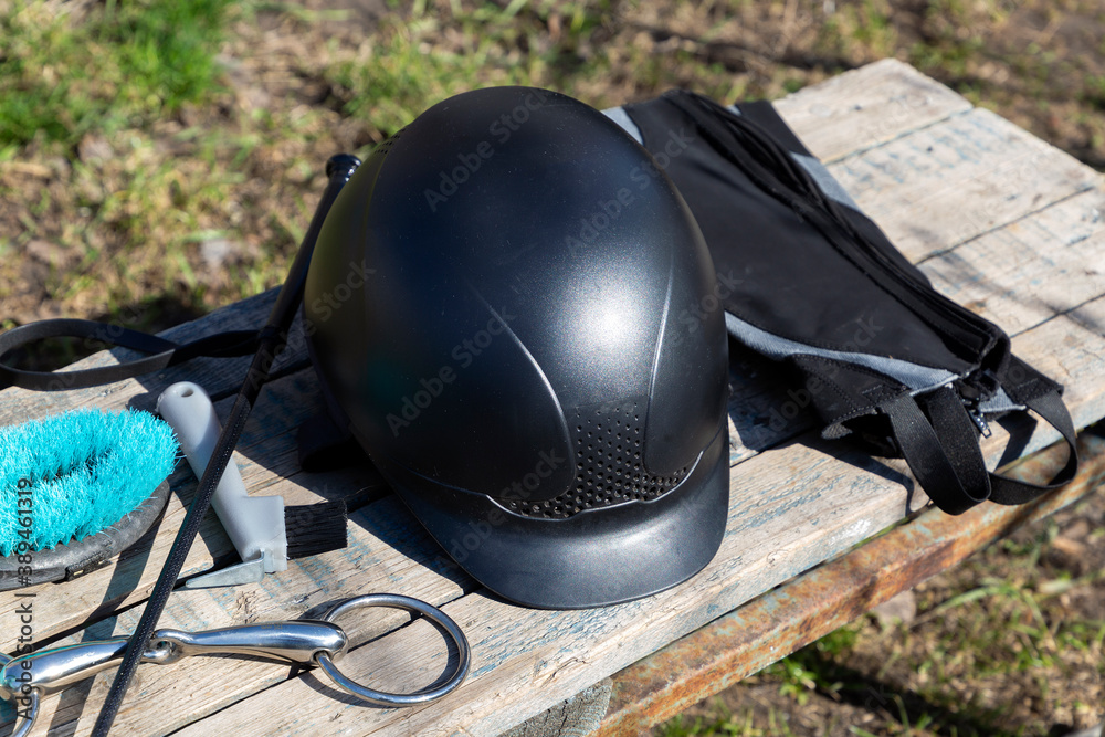 Equipment for horse care and riding on a wooden bench: brushes of ...
