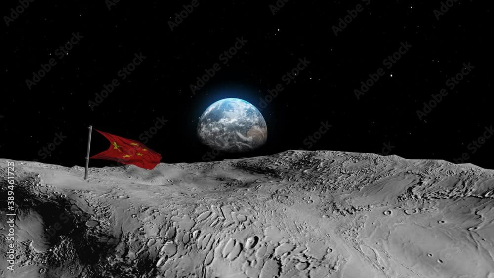 China Flag on the moon with earth in background Realistic outer space ...
