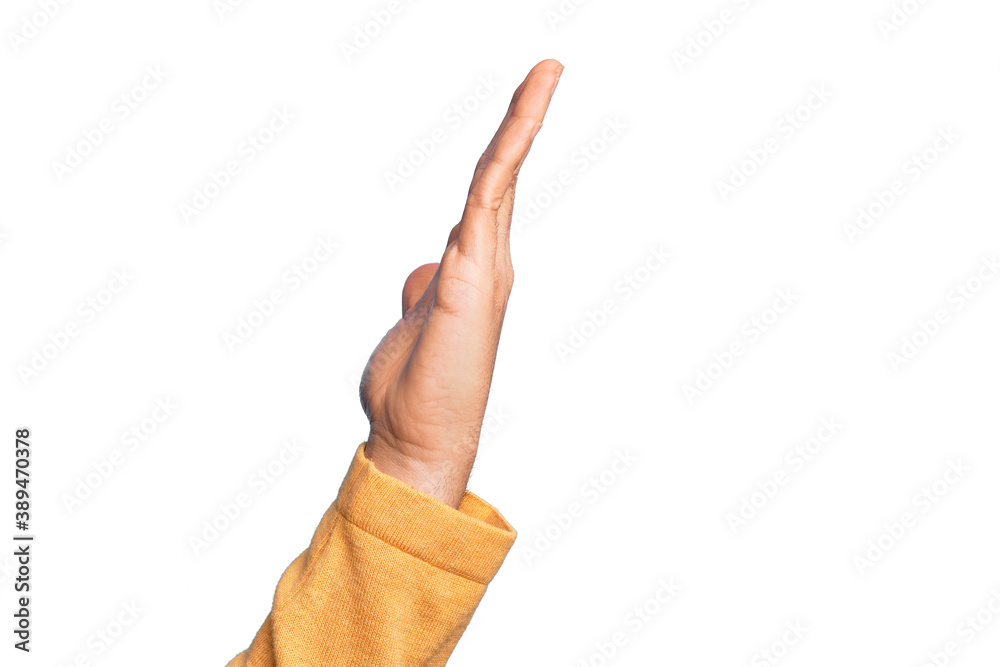 Hand of caucasian young man showing fingers over isolated white ...