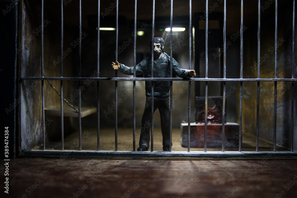 Jail or prison cell. Obsolete gray grunge concrete room. Creative ...