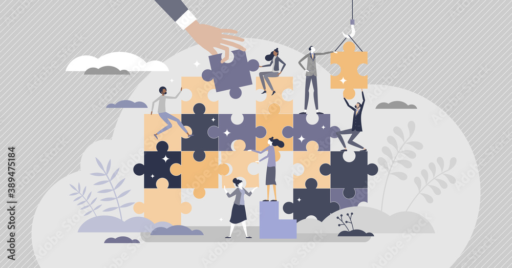 Teamwork jigsaw puzzle as partnership work assistance tiny persons ...