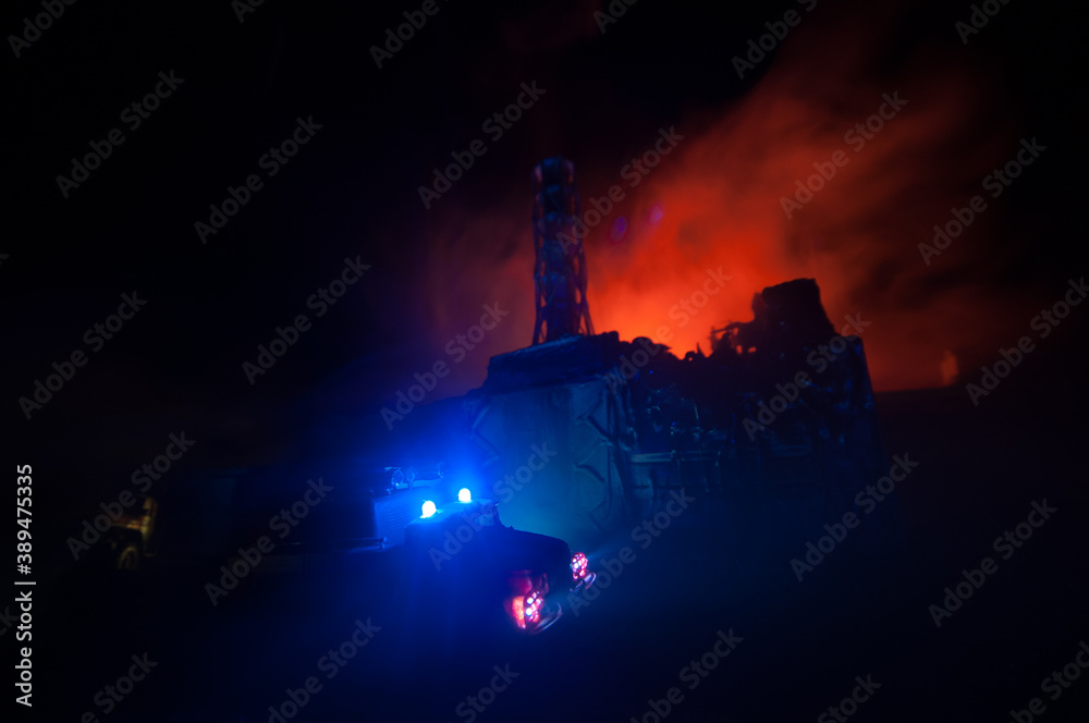 Chernobyl nuclear power plant at night. Layout of Chernobyl station ...