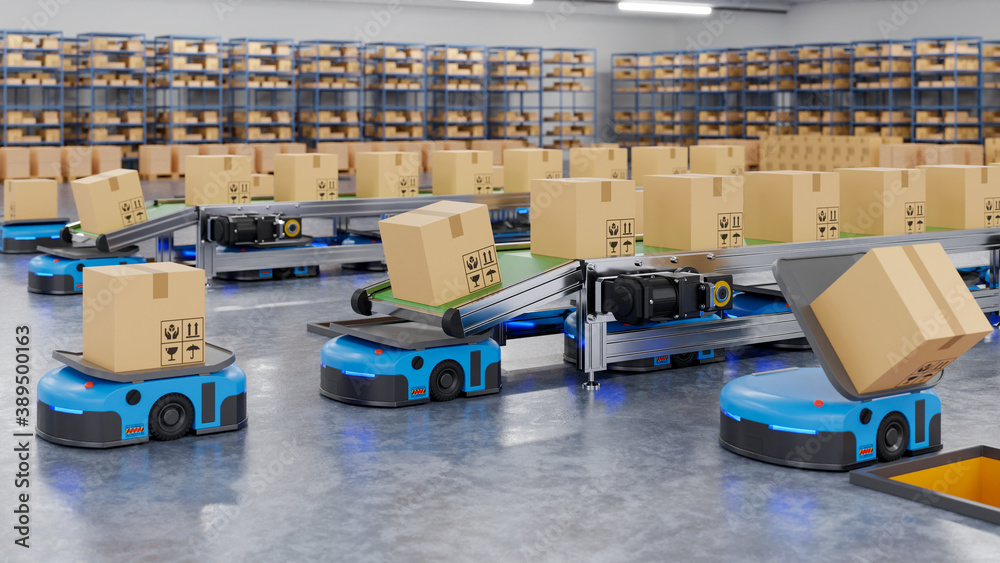 Robots efficiently sorting hundreds of parcels per hour(Automated guided vehicle) AGV. Stock ...