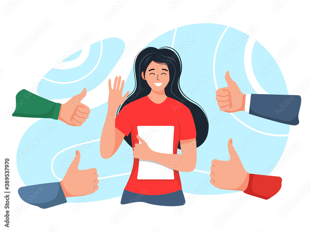 Smiling happy young woman surrounded by hands with thumbs up. The ...