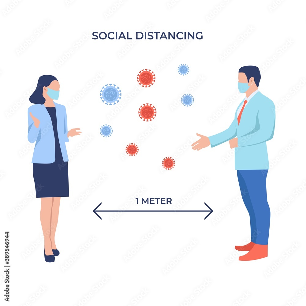 Two people man and woman wearing masks keep distance 2 m signage flat ...