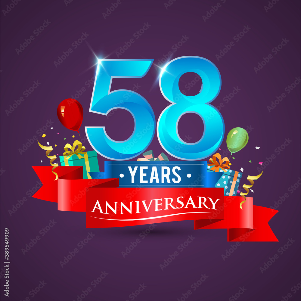 58th Anniversary celebration logo, with gift box and balloons, red ...