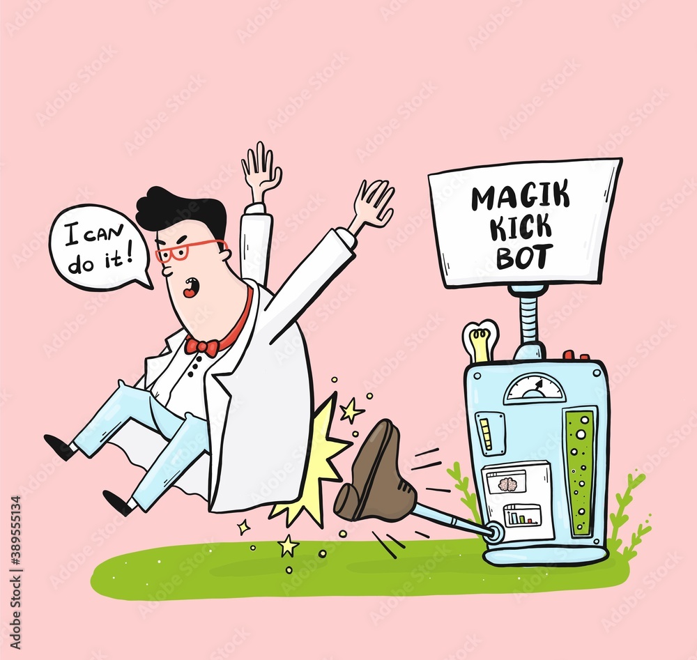 Vector illustration of automatic device bot and scientist. Motivational ...