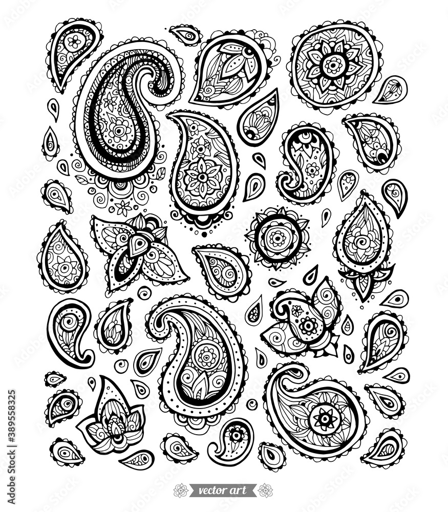 Hand drawn paisley ornament elements. Set collection. Vectot detailing ...