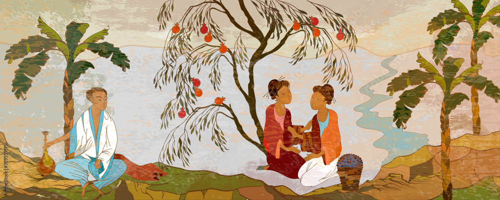 Ancient China. Classic wall drawing. Murals and watercolor asian style ...