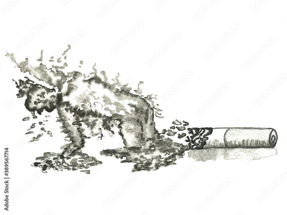 Man crawls from dangerous cigarette and becomes ash. Ink drawn ...