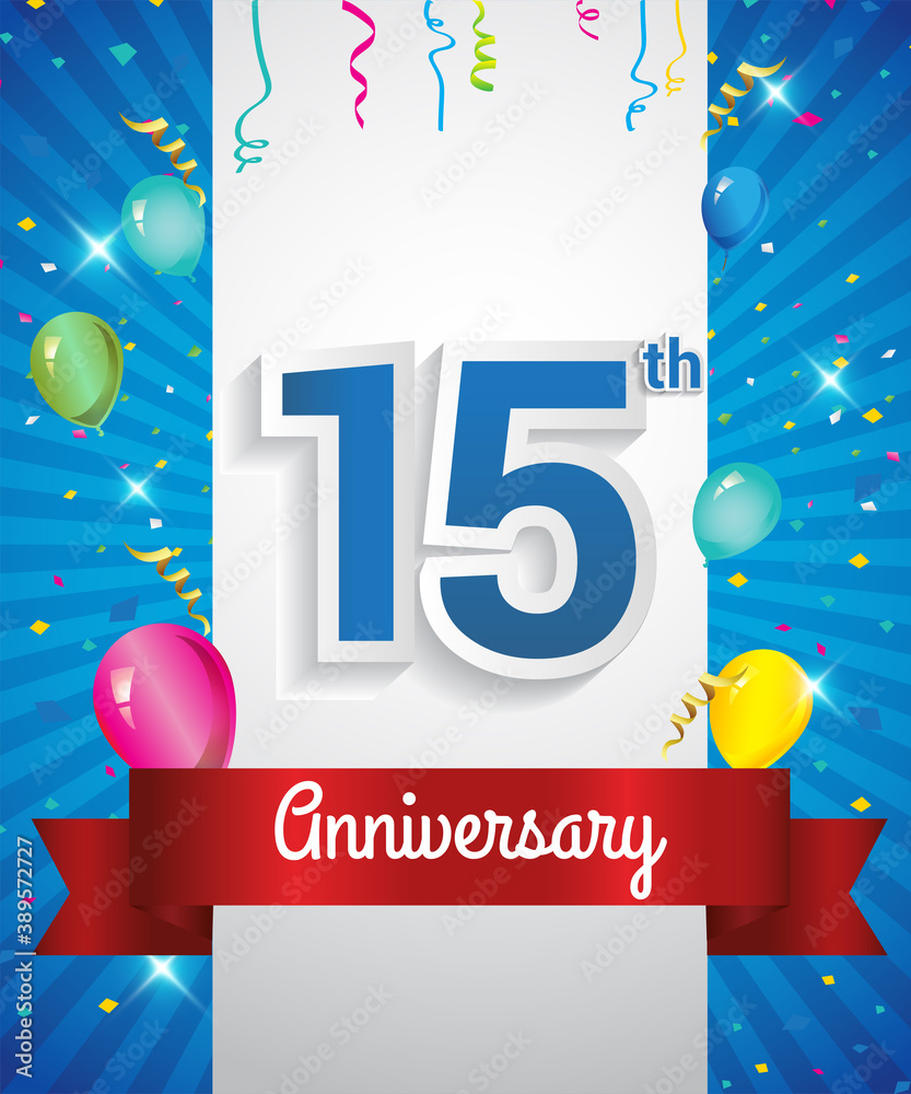 Celebrating 15th Anniversary logo, with confetti and balloons, red ...
