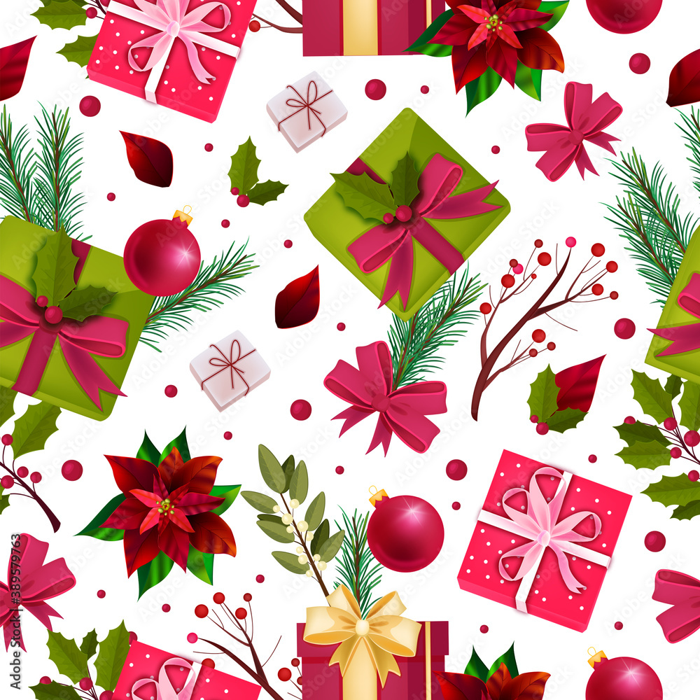 Christmas winter seamless pattern with gift boxes, fir branches, red ...