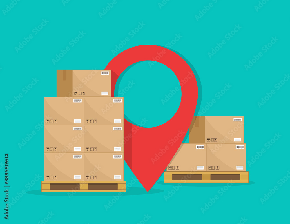 Cargo logistic. Carton boxes on pallet for delivery with map pointer ...