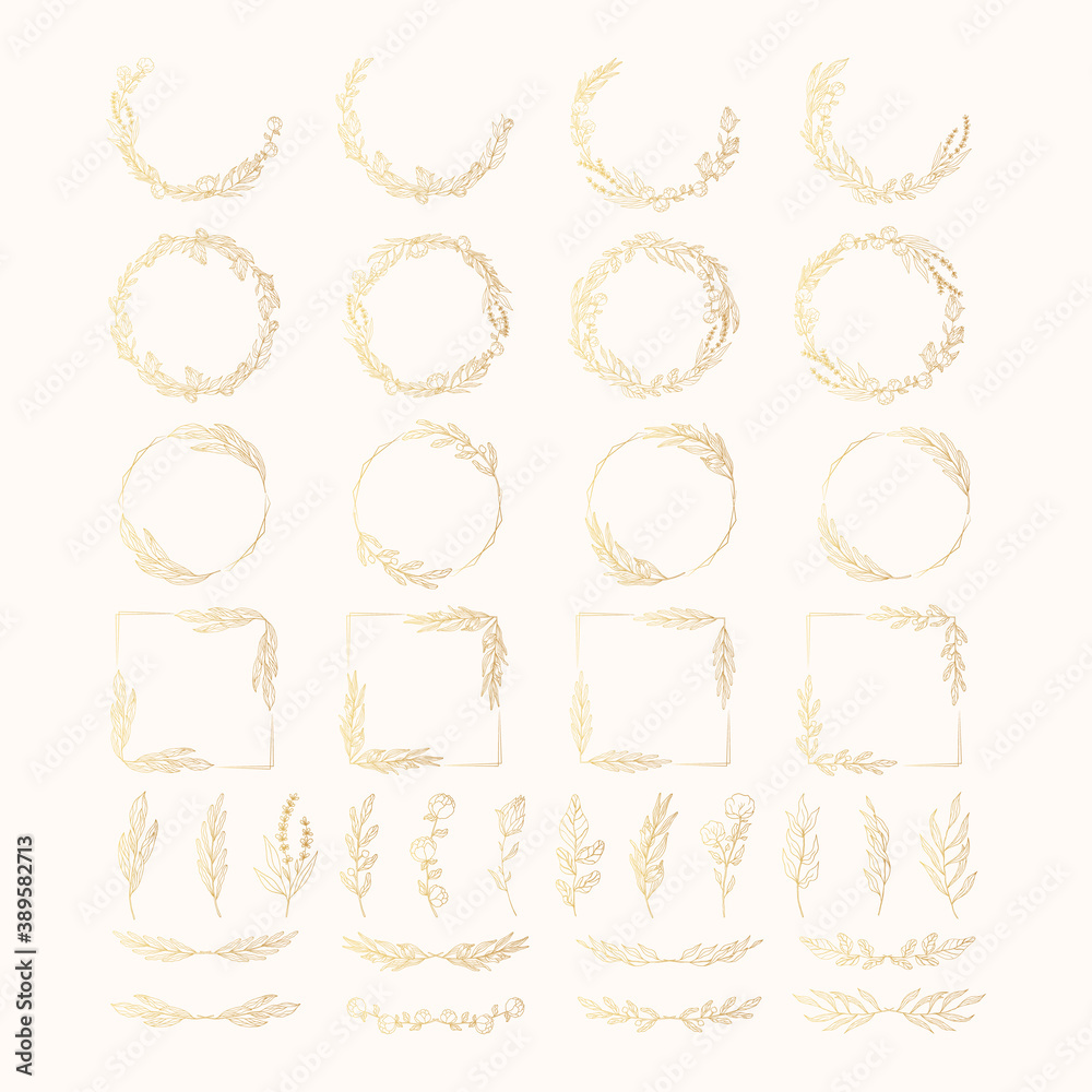 Big set of golden hand drawn botanical round and rectangular frames ...