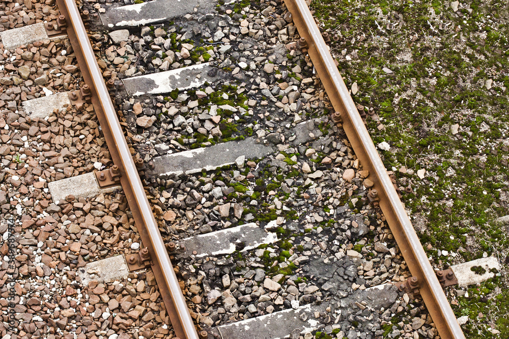 Railway top view background. Train transport industry. Rail track ...