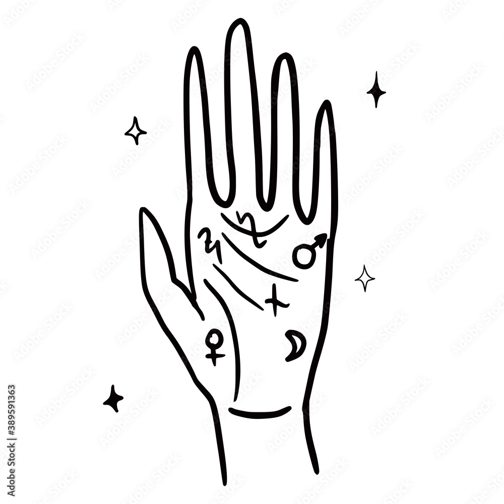 Hand drawn vector isolated palm. Black outline illustration of magic ...