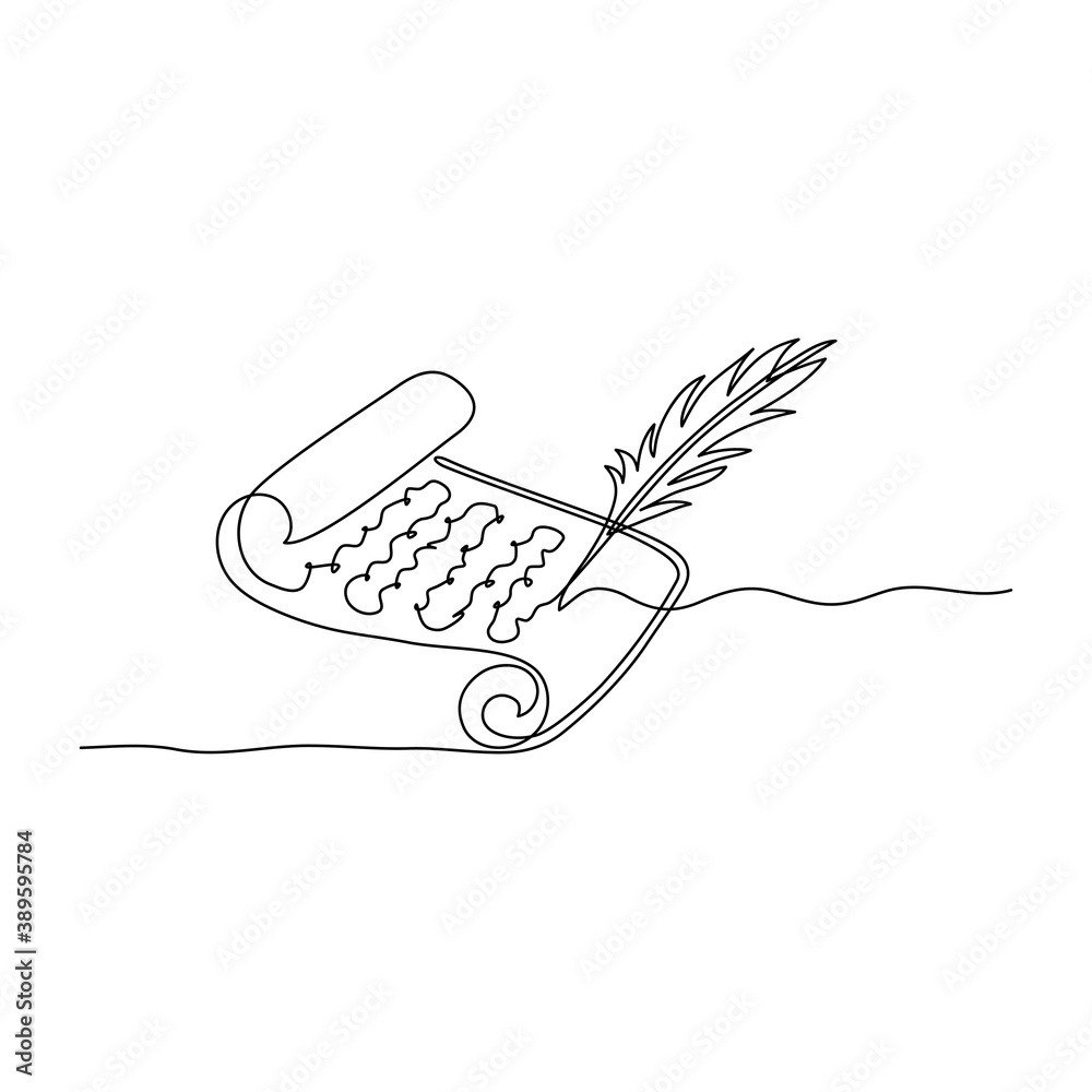 Continuous line drawing. Antique paper scroll and quill pen. Letter on ...