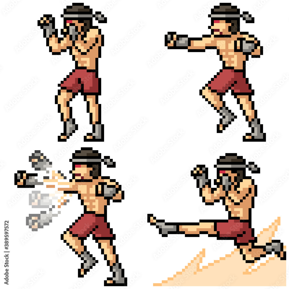 pixel art set isolated muay thai fighter Stock Vector | Adobe Stock
