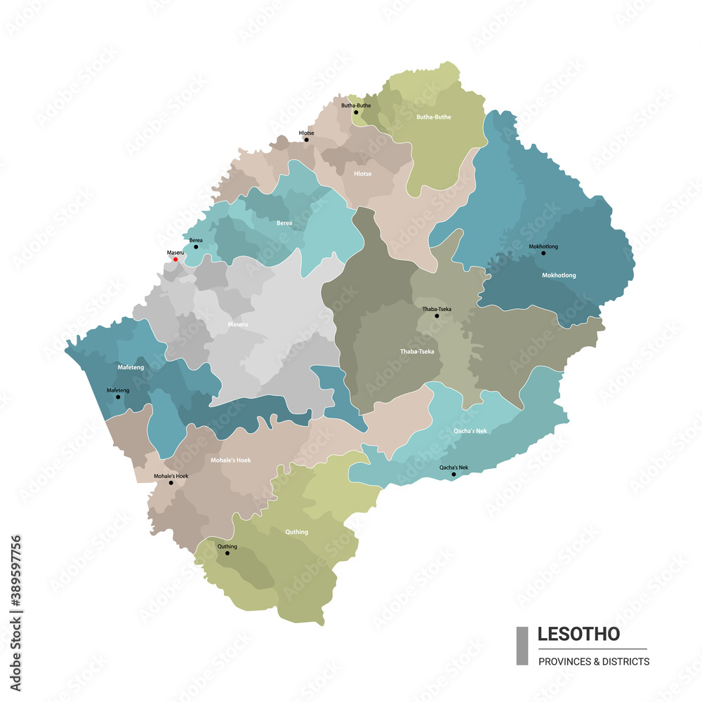 Lesotho higt detailed map with subdivisions. Administrative map of ...