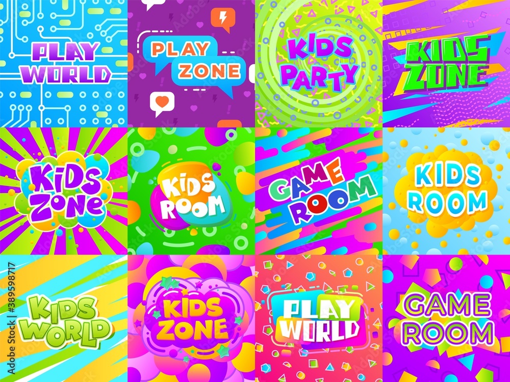 Game room banners. Kid fun signs, child playground play area stickers ...
