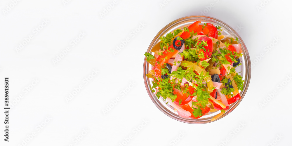 Healthy food - mix vegetable salad served in a bowl over white ...