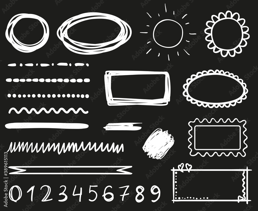 White outline elements on black. Geometric shapes. Hand drawn signs and ...