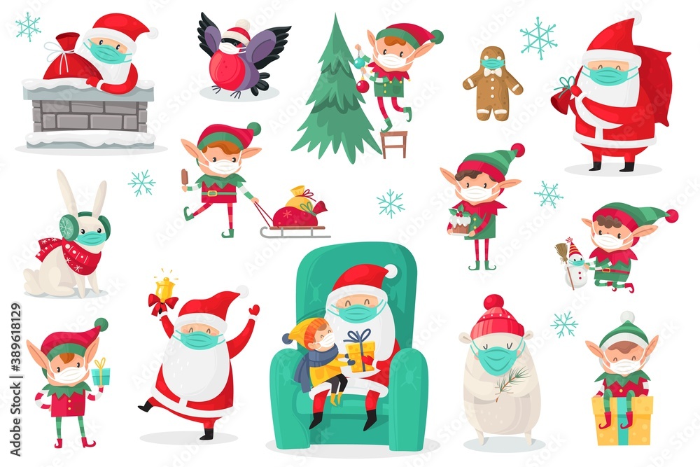 Cartoon christmas characters wearing medical masks. Santa, elves and ...