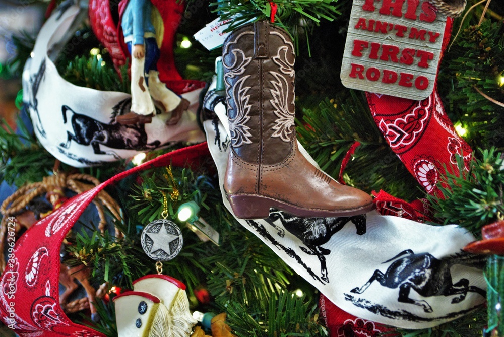 Christmas tree scene background with cowboy theme and lights Stock ...