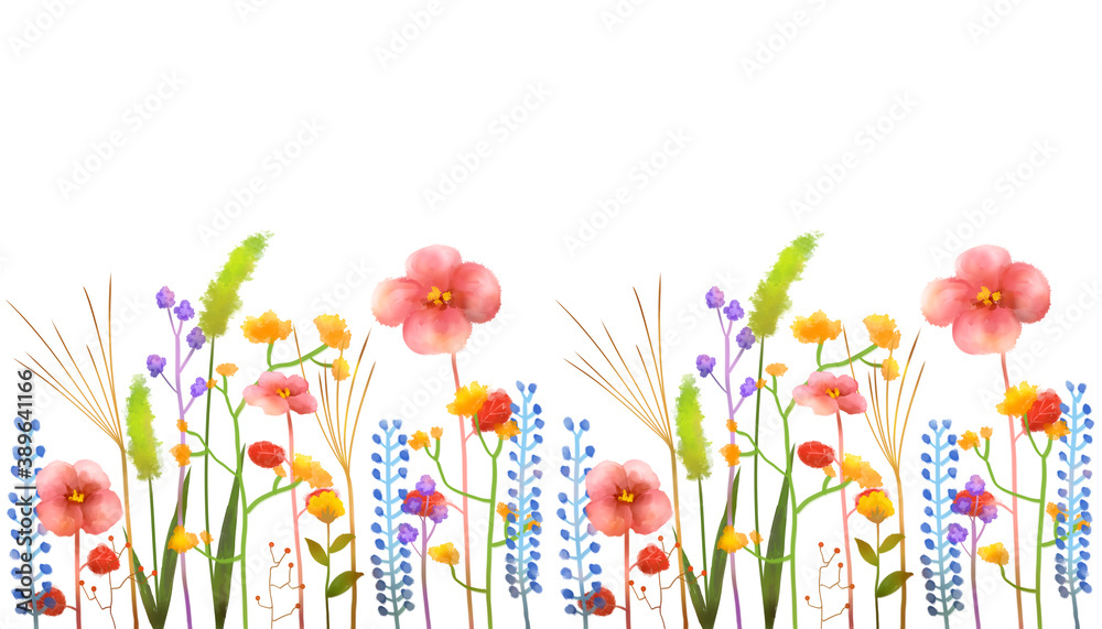 Watercolor floral seamless pattern with colorful wildflowers, plants ...