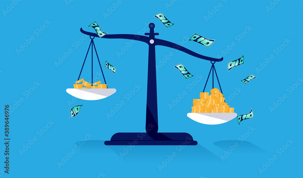 Unequal pay - Weight scale with money, showing different salary and ...