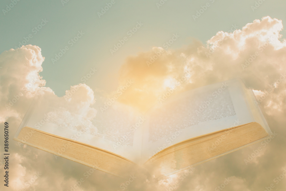 Bible opened up from heaven To welcome prayer to God background Style ...