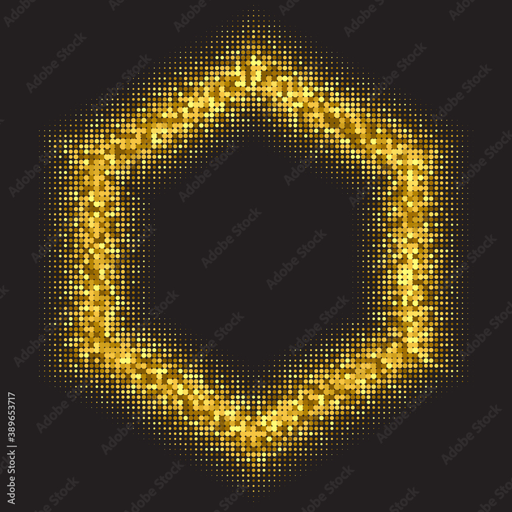 Gold glitter hexagon frame on black background. Golden glittering frame ...