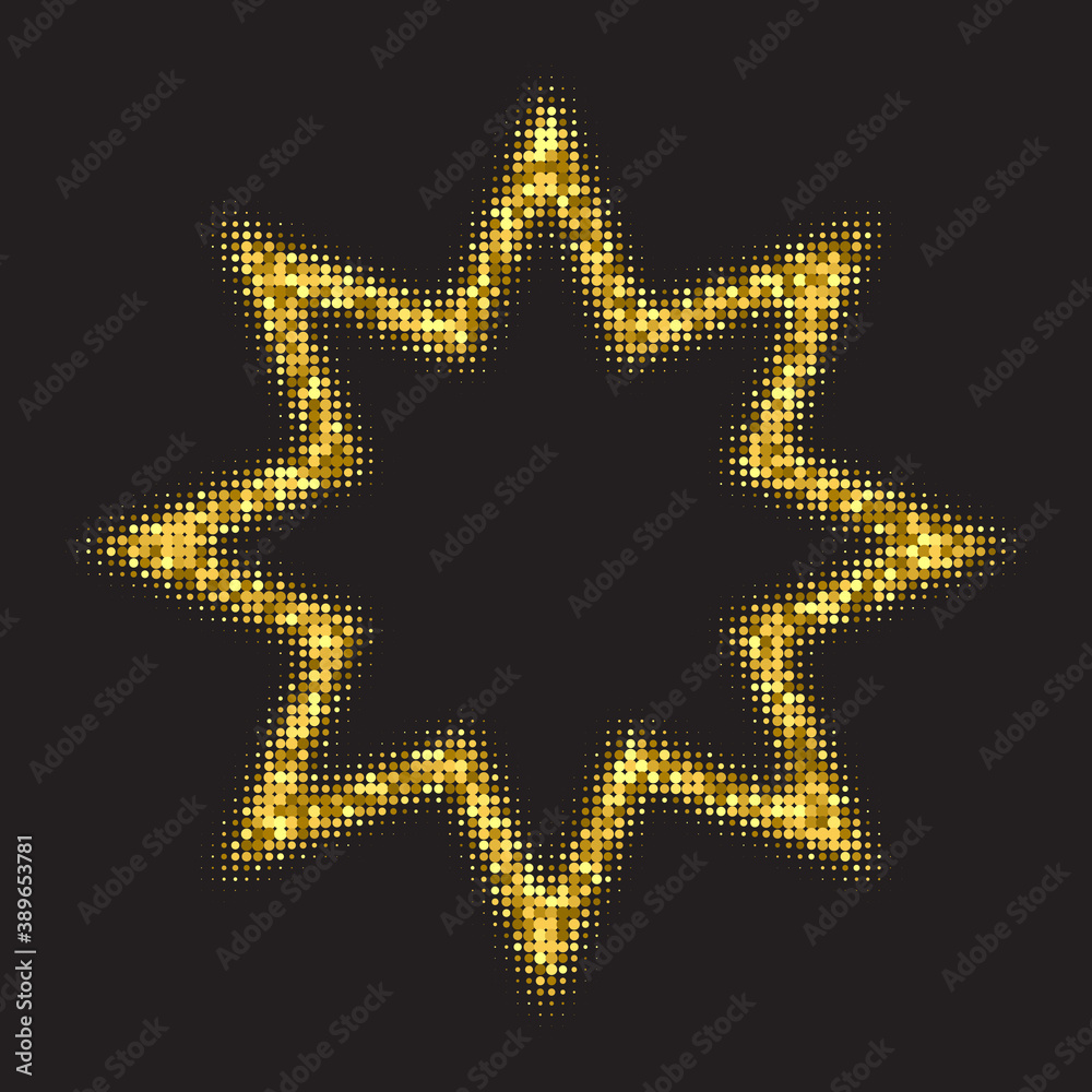 Gold glitter eight pointed star frame on black background. Golden ...