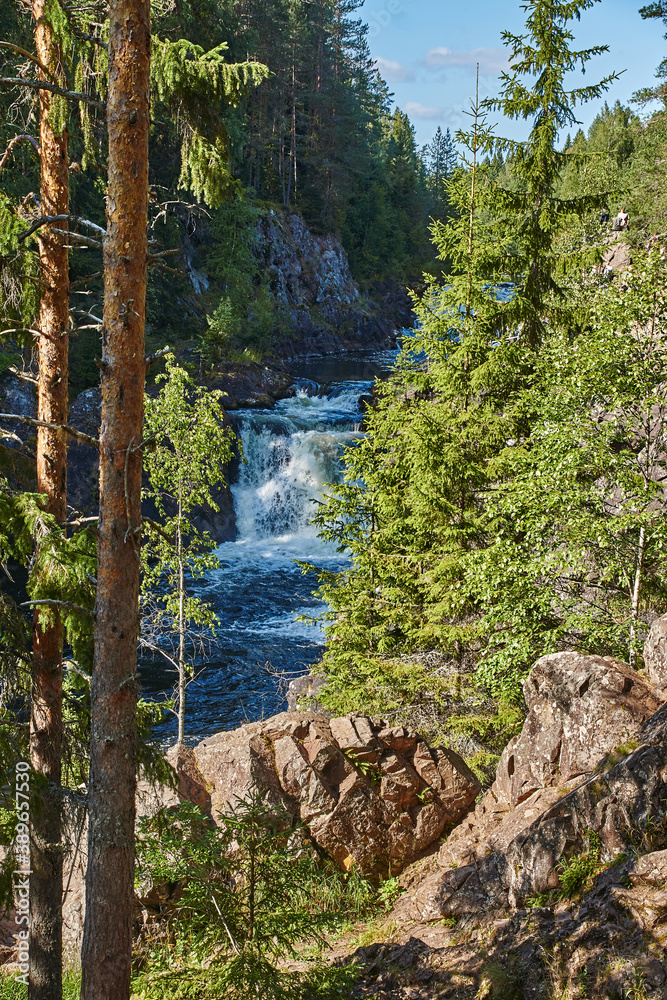 Plain waterfall Kivach.Long multistage flat waterfall. Seething waves ...