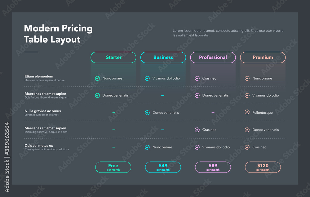 Modern pricing table layout with four subscription plans - dark version ...