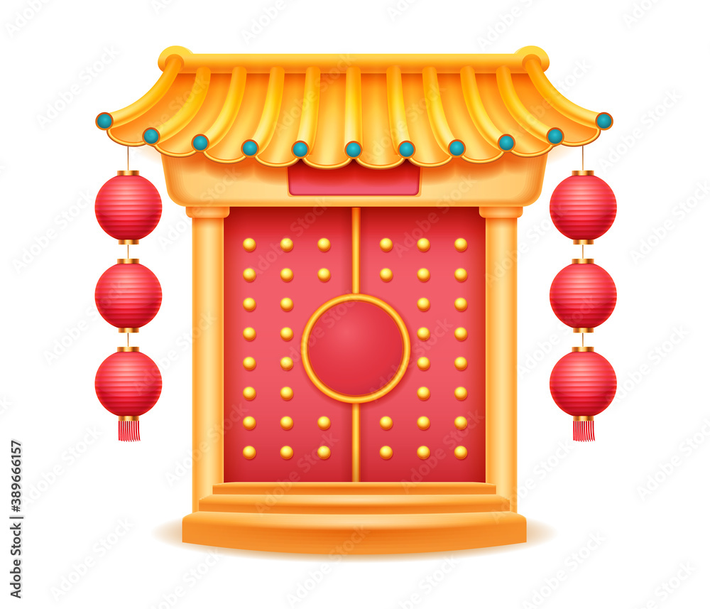 Temple with bamboo roof, closed gate with carpet on steps isolated ...