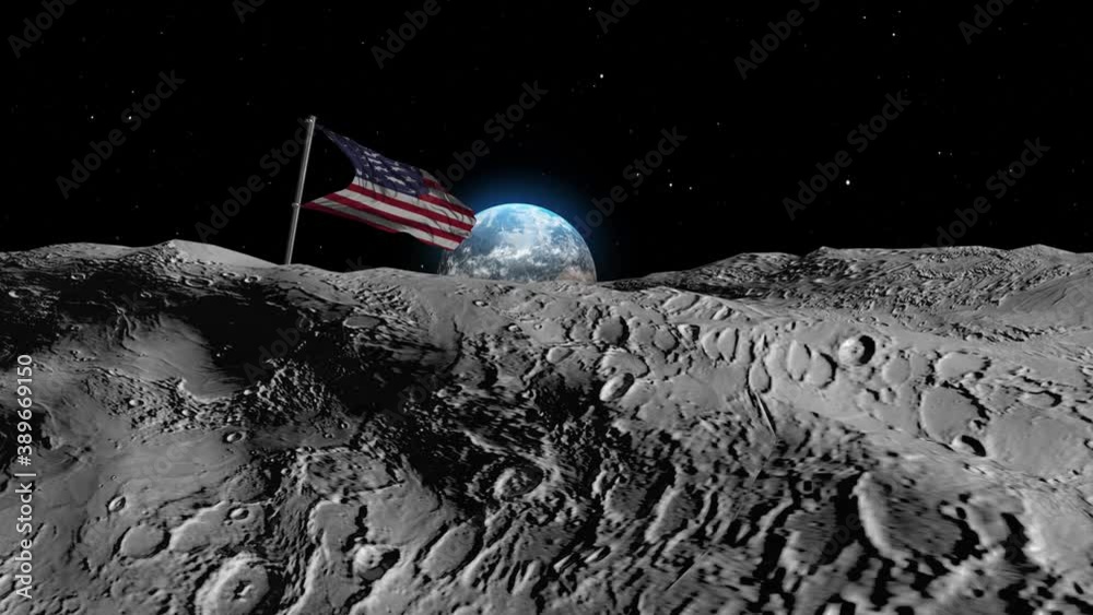 Planet Earth revealed from moon with Usa Flag Realistic outer space ...