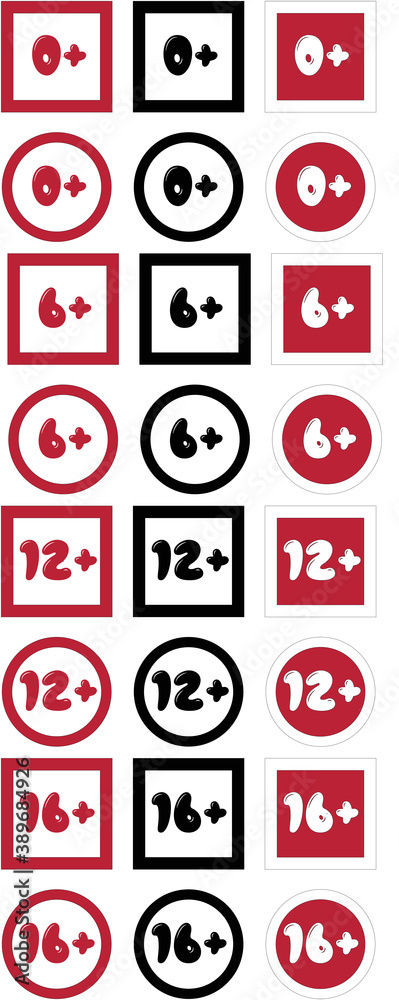 Set of art signs age limit in cartoon style. Colors: white, red and ...